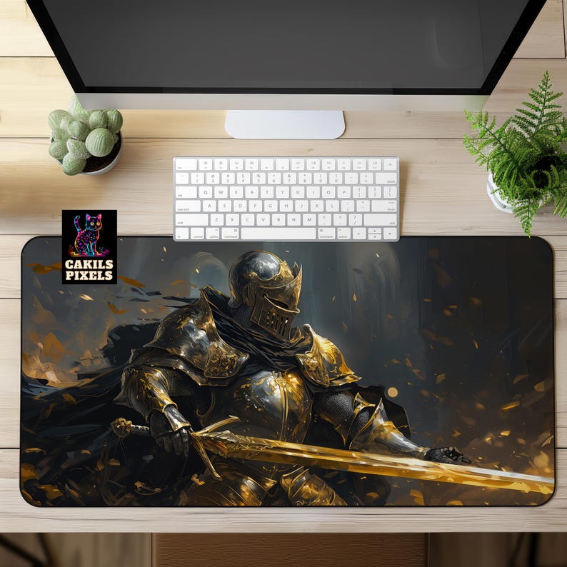 Paladin Knight Desk Mat: Golden Armored Warrior Gaming Decor - Etsy