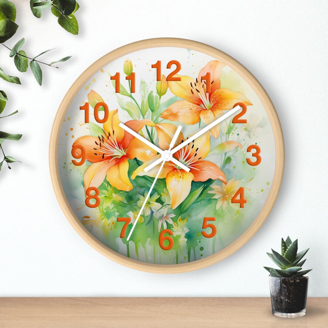 Watercolor Lilies Round Wall Clock, Floral Wall Clock for Home, Orange ...