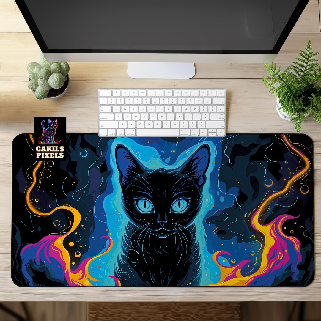 Mystical Fire Cat Desk Mat: Enchanted Black Cat Gaming Deskpad - Etsy