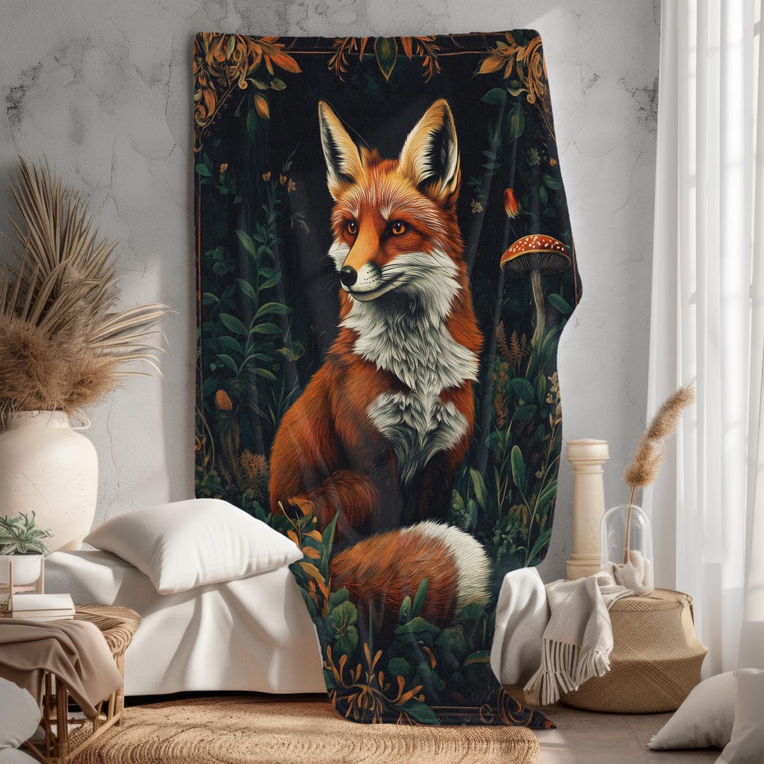 Fox Fleece Sherpa and Velveteen Plush Blanket, Dark Cottagecore Soft ...