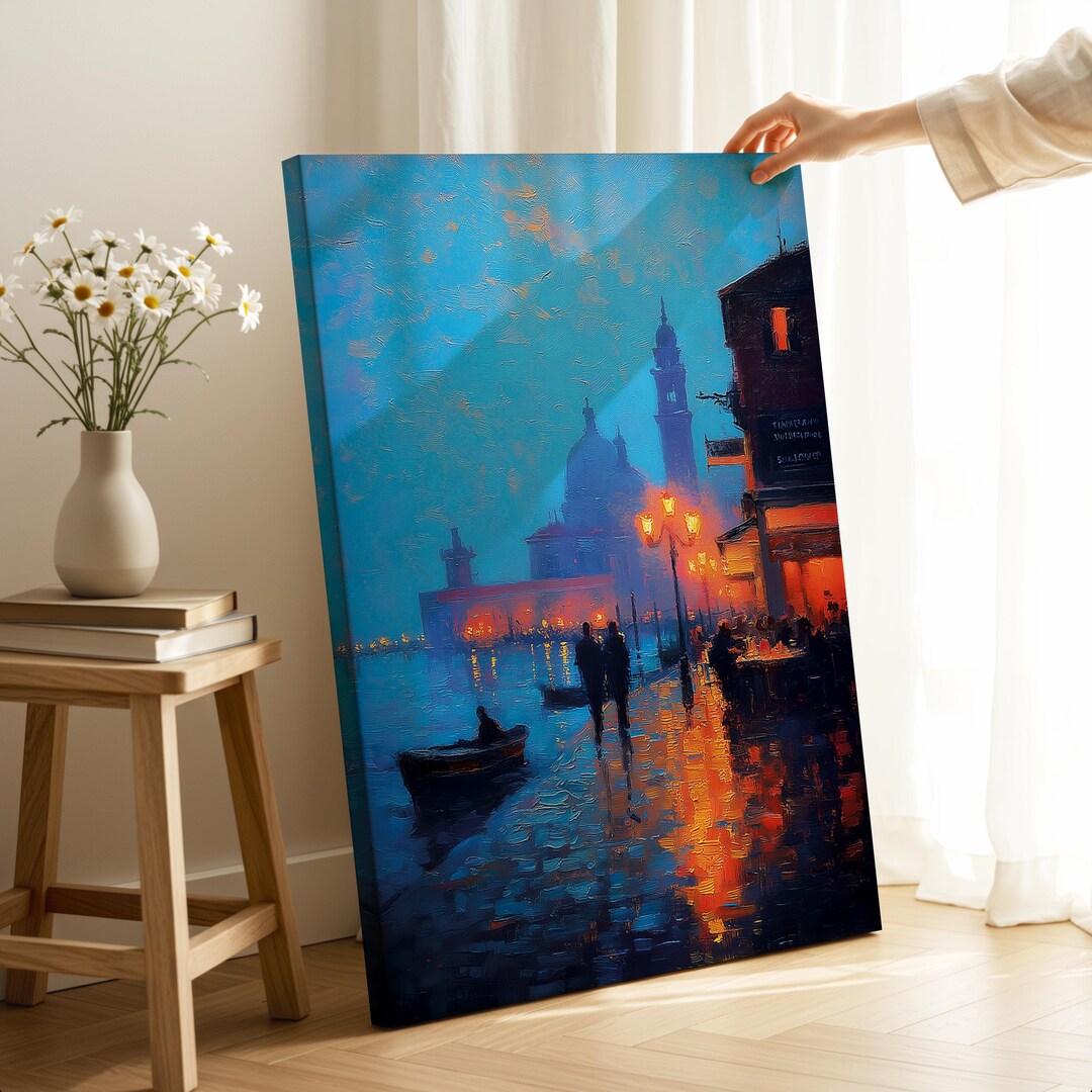 Cozy Evening Street Scene Canvas Print - Moody Romantic City Lights ...