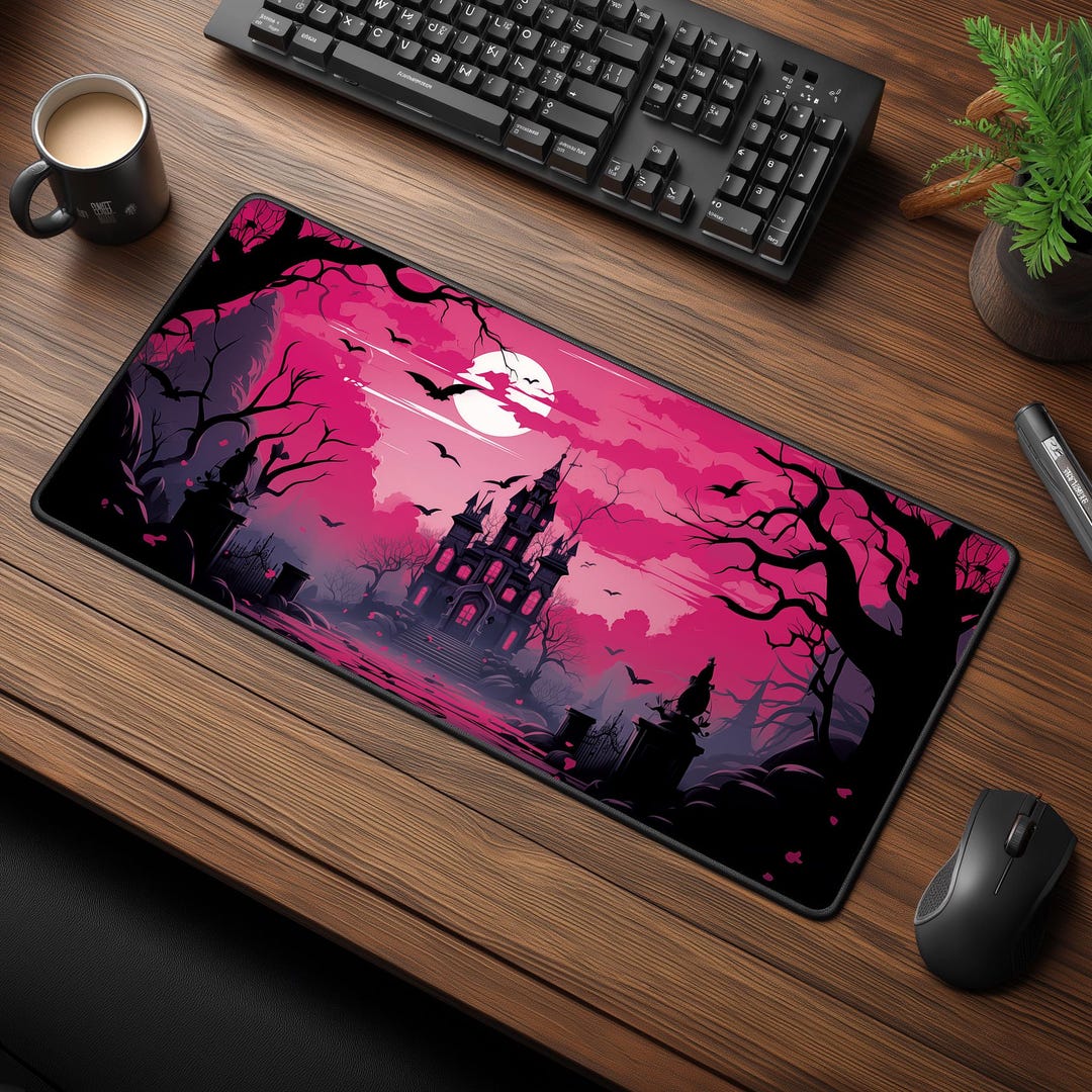 Haunted Manor Desk Mat - Gothic Pink Desk Pad - Spooky Home Halloween ...