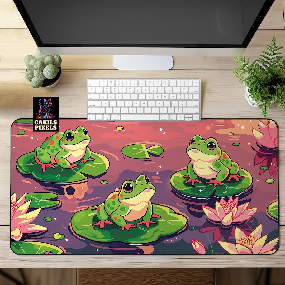 Frogs on Lily Pads Desk Mat, Kawaii Cute Frog Mouse Pad, Kawaii Flowers ...