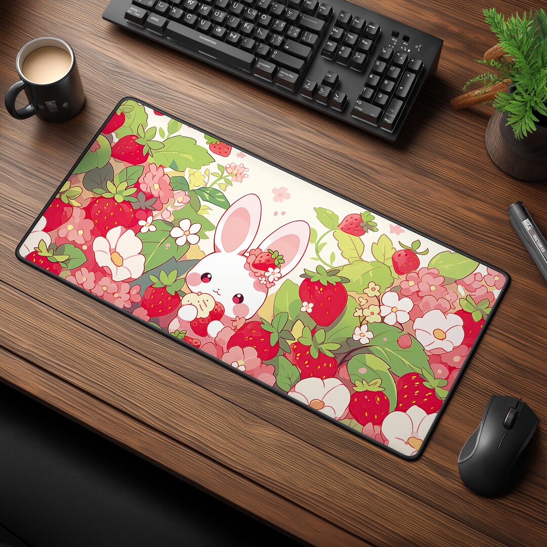 Kawaii Bunny Desk Mat - Pastel Strawberry Rabbit Mouse Pad - Etsy