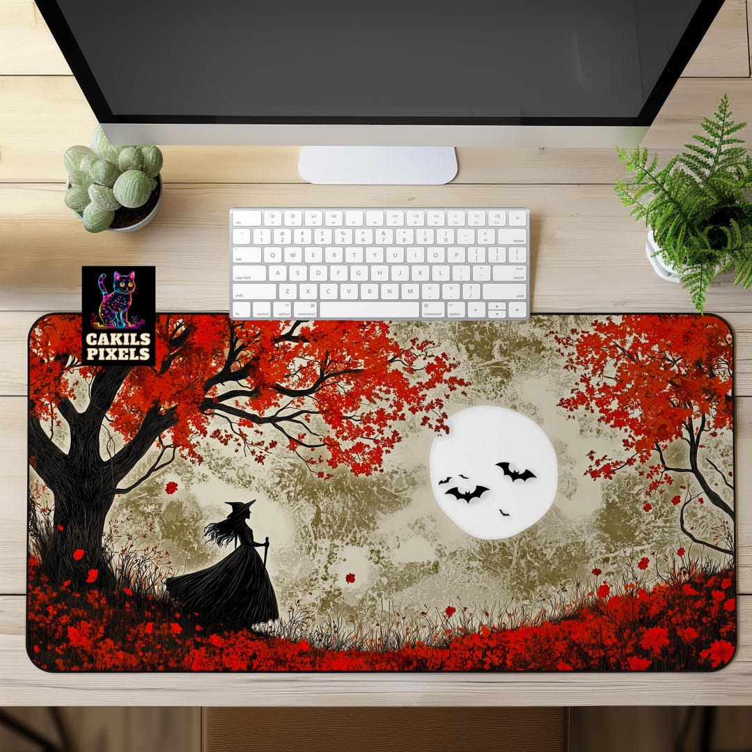 Moonlit Witch Desk Mat, Witch Non Slip Mouse Pad, Fantasy Desk Pad ...