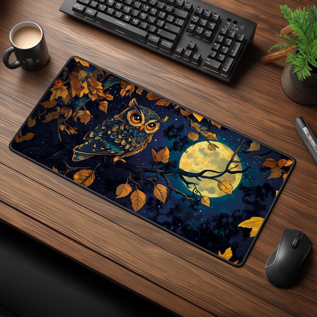 Whimsical Owl Desk Mat - Dark Forest Gaming Mousepad - Etsy