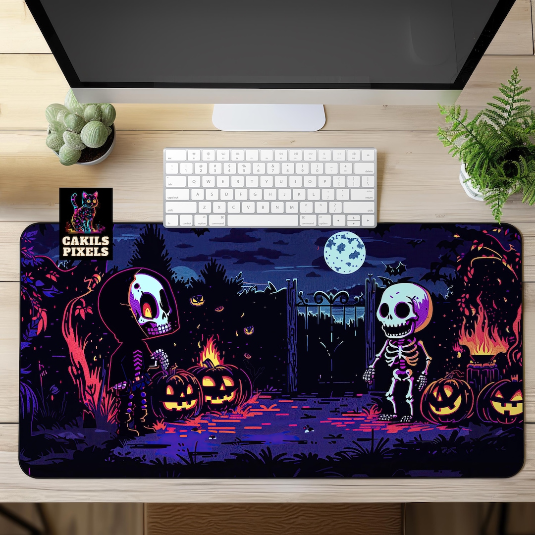 Graveyard Night Desk Mat, Cute Skeletons Non Slip Mouse Pad, Halloween ...
