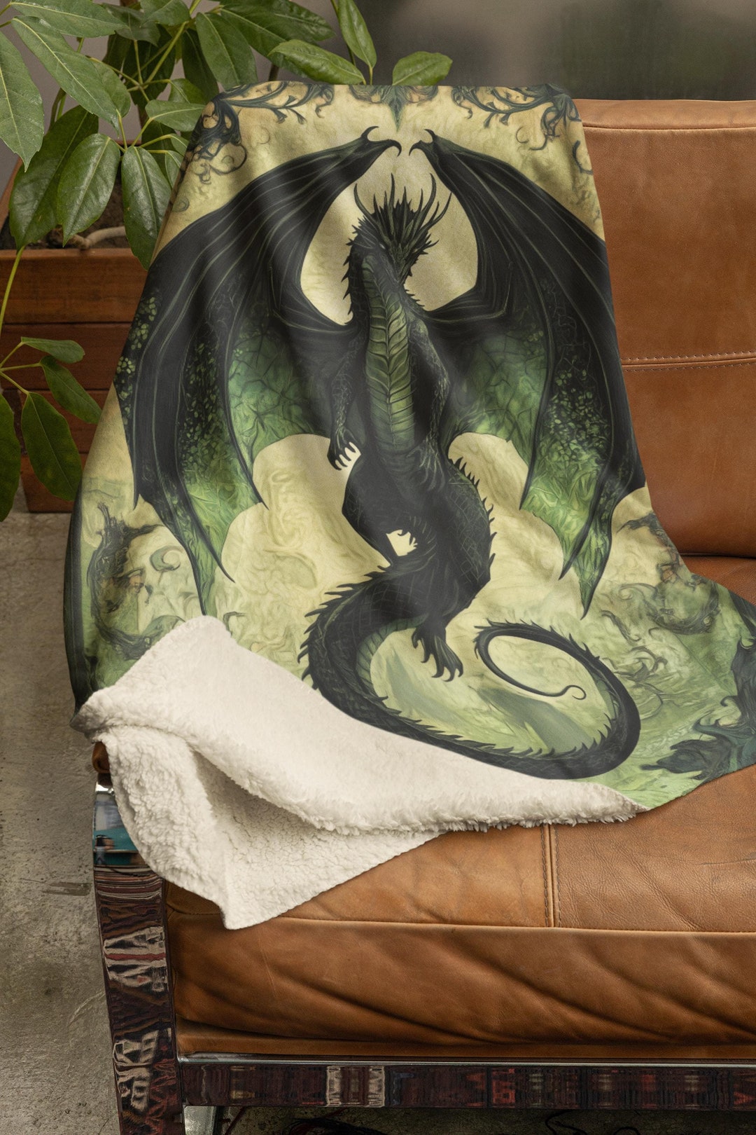 Medieval Emerald Dragon Fleece Sherpa and Velveteen Plush Blanket ...