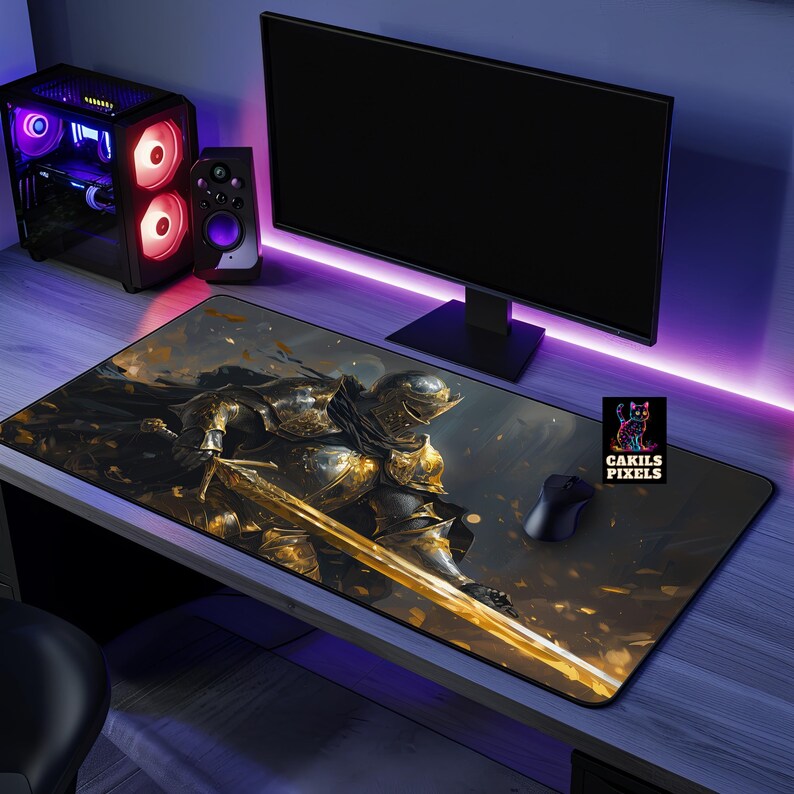 Paladin Knight Desk Mat: Golden Armored Warrior Gaming Decor - Etsy