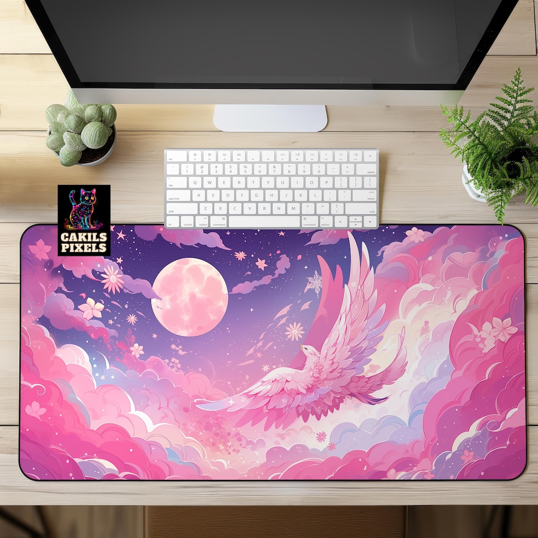 Celestial Phoenix Desk Mat, Cute Pastel Pink Non Slip Mouse Pad ...