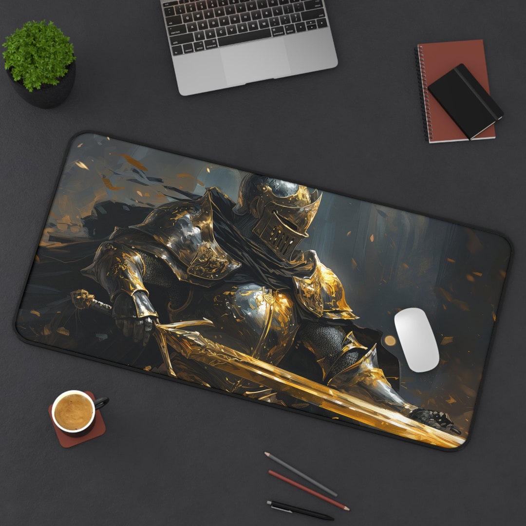 Paladin With Golden Sword Desk Mat, Noble Knight Mouse Pad, Aesthetic ...