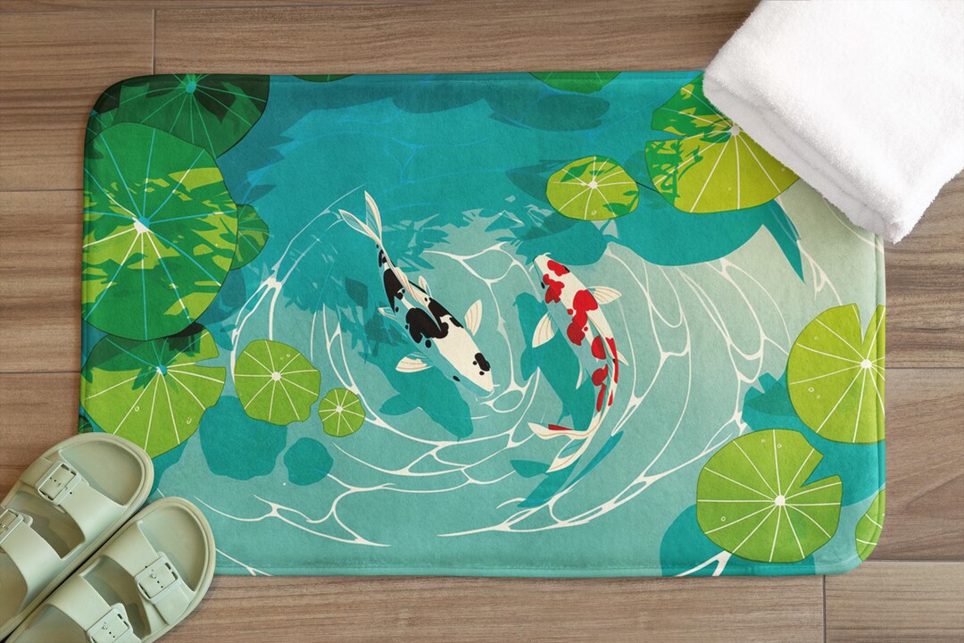 Koi Fish Bath Mat: Serene Pond Design, Anti-slip Microfiber - Etsy