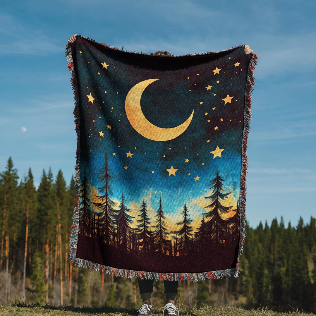 Crescent Moon and Night Sky Woven Blanket, Celestial Woven Throw ...