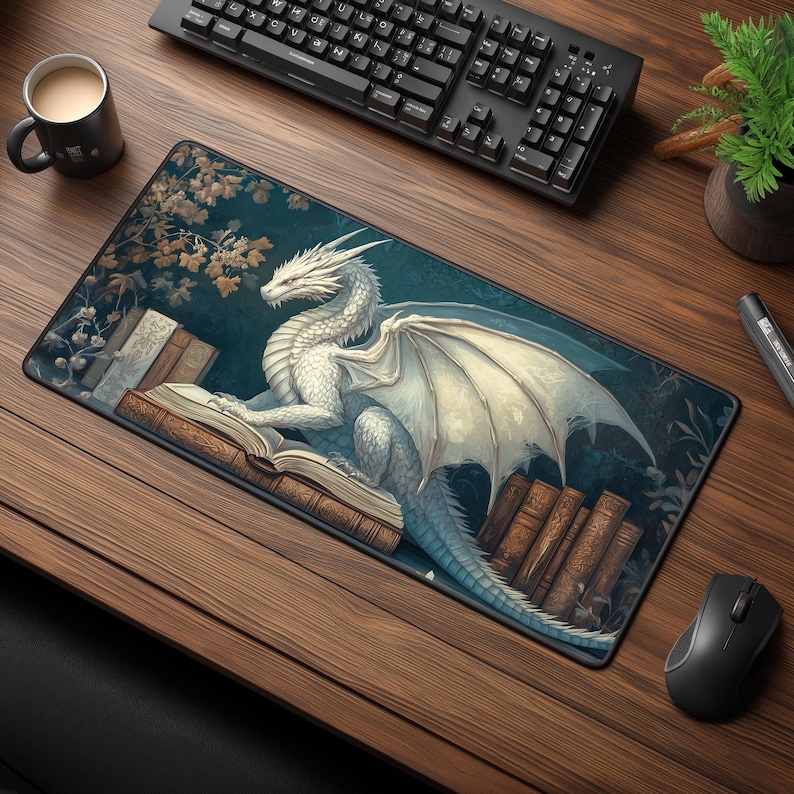 Bookish White Dragon Desk Mat - Fantasy Library Mouse Pad - Cozy Book ...