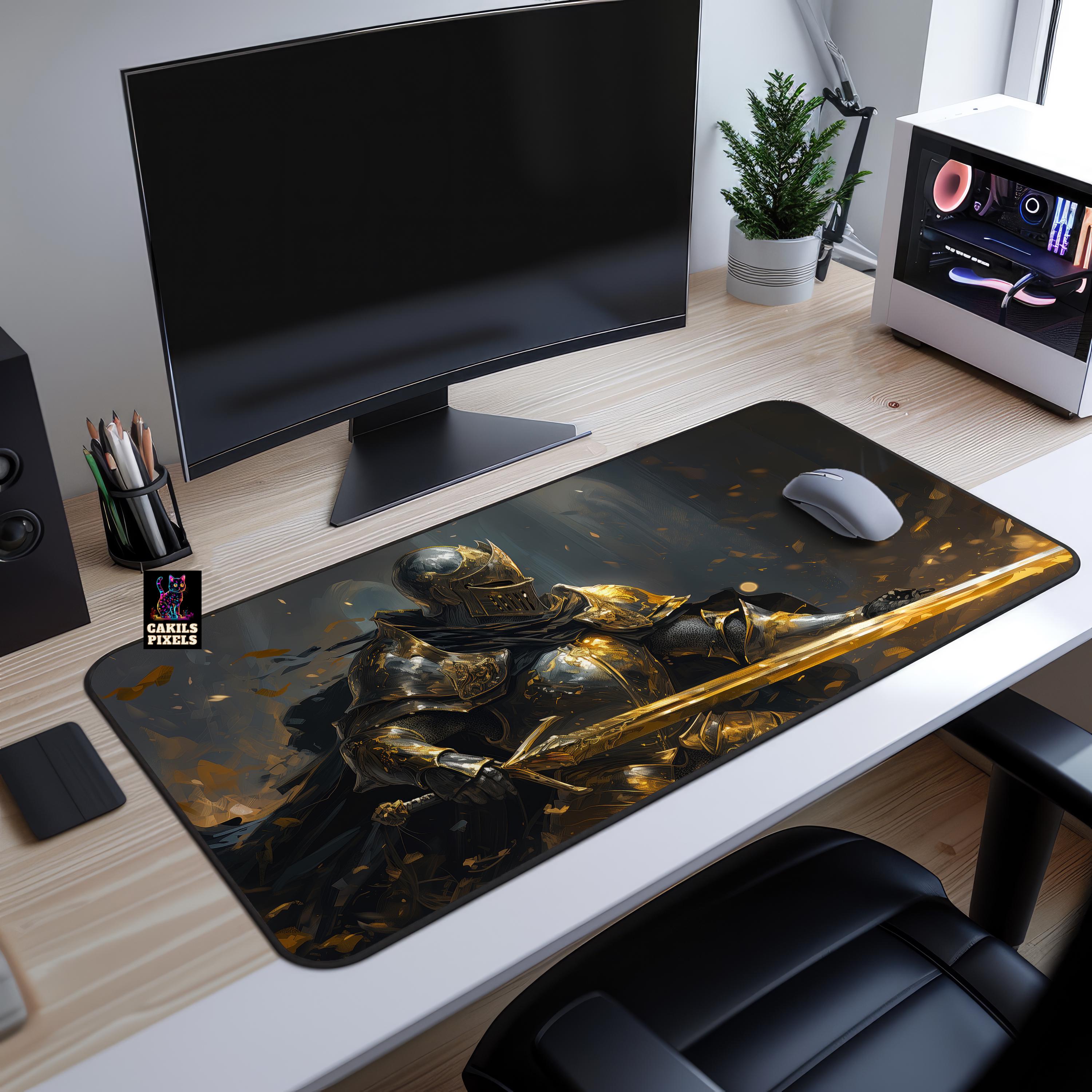 Paladin Knight Desk Mat: Golden Armored Warrior Gaming Decor - Etsy