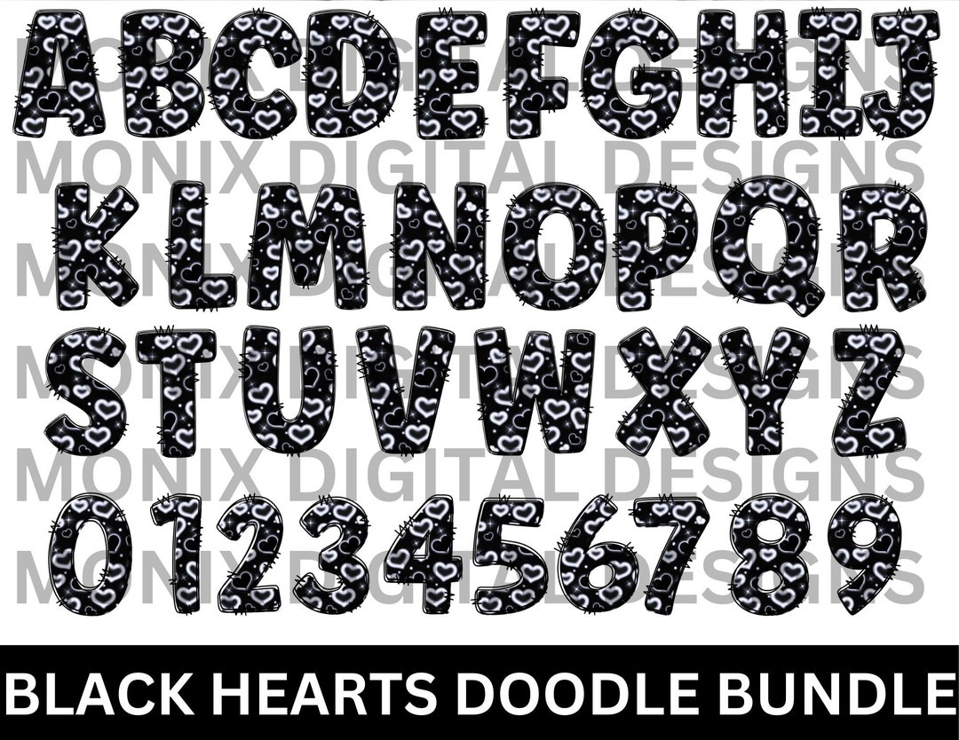 Doodle Alphabet Letters Numbers PNG Bundle, Hearts Doodle Letters ...