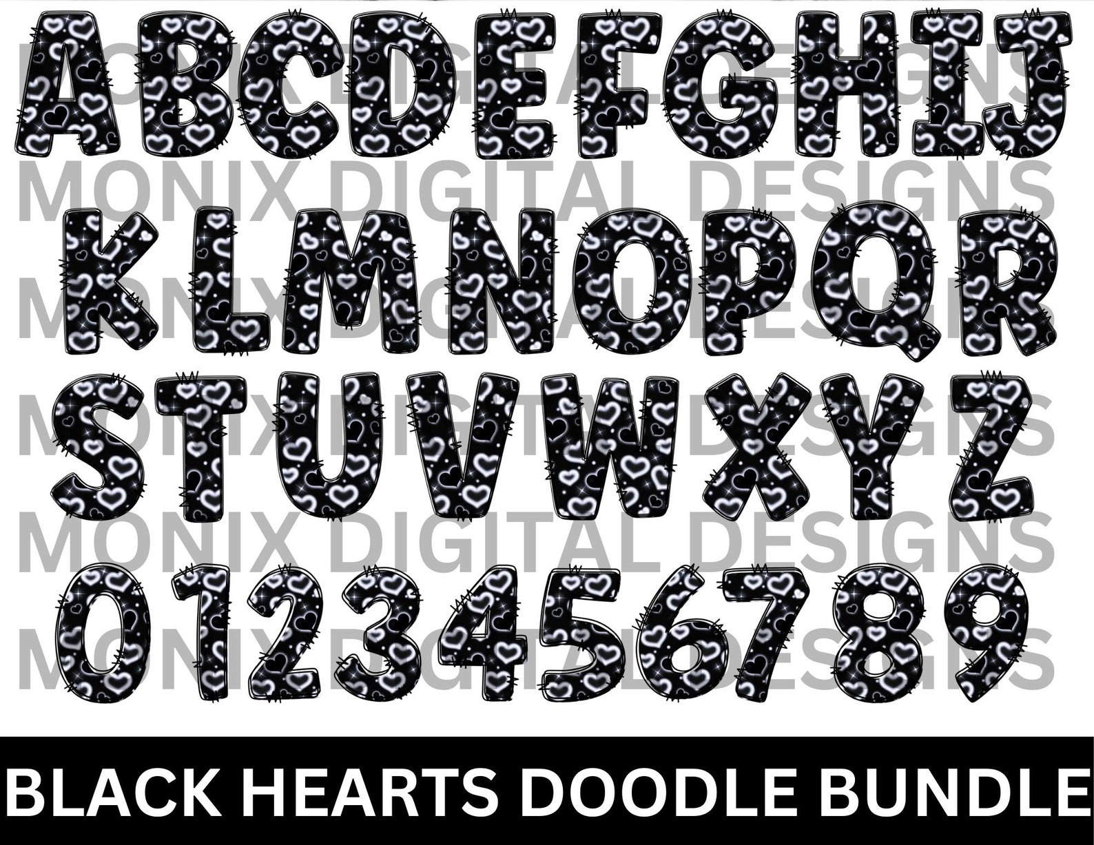 Doodle Alphabet Letters Numbers PNG Bundle, Hearts Doodle Letters ...