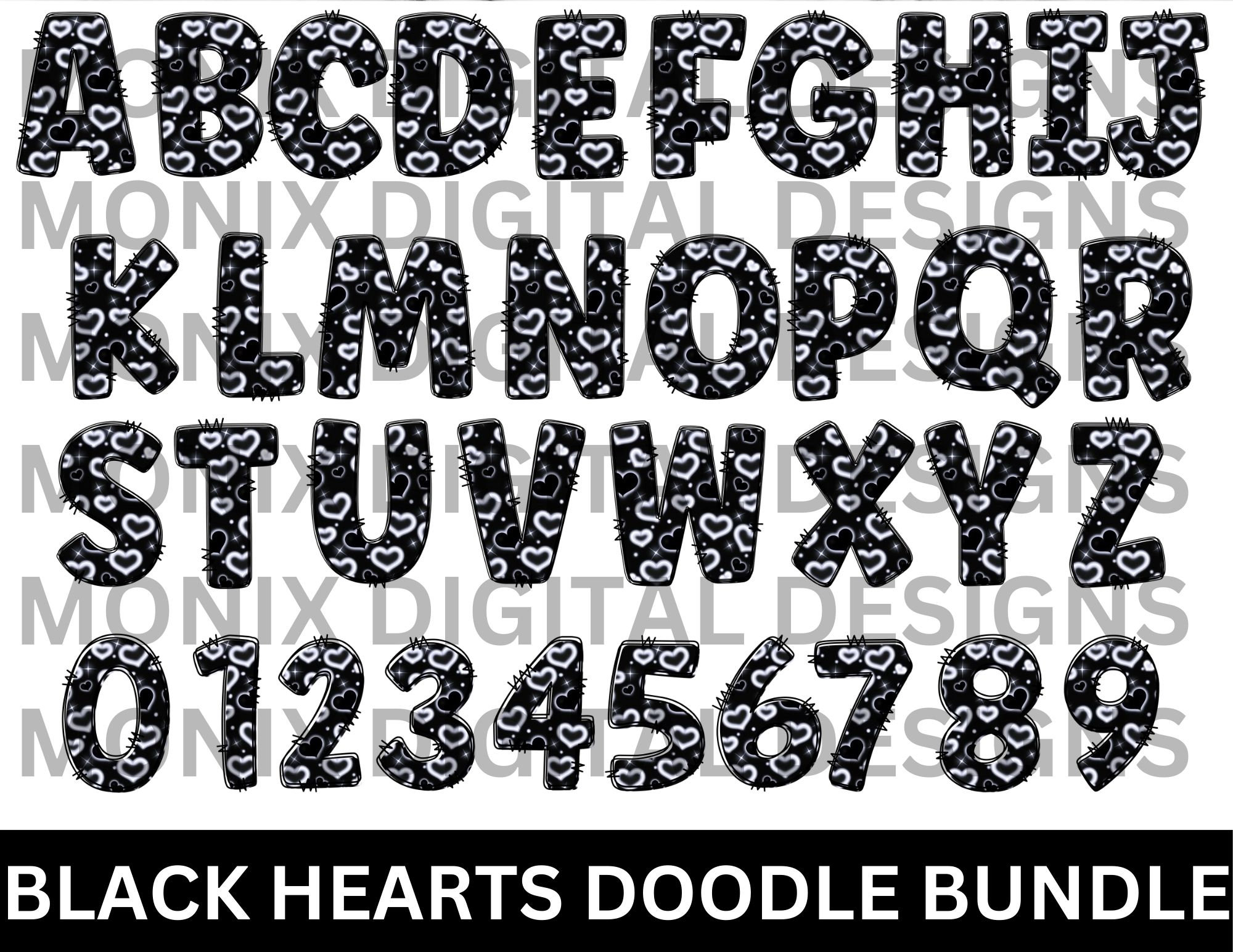 Doodle Alphabet Letters Numbers PNG Bundle, Hearts Doodle Letters ...