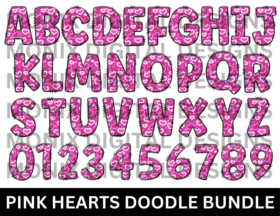 Doodle Alphabet Letters Numbers PNG Bundle, Hearts Doodle Letters ...