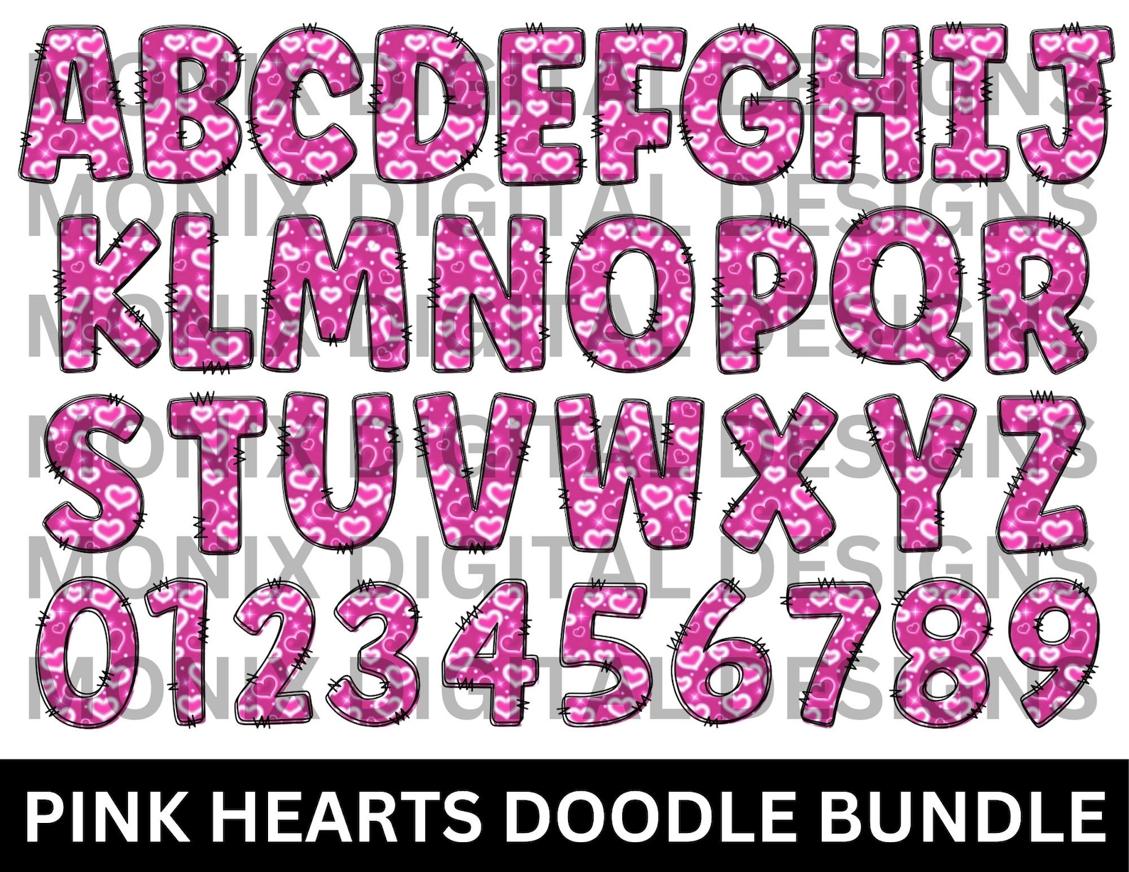 Doodle Alphabet Letters Numbers PNG Bundle, Hearts Doodle Letters ...