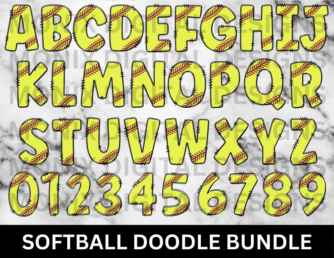 Softball Alphabet Letters Numbers PNG Bundle, Sports Doodle Letters ...