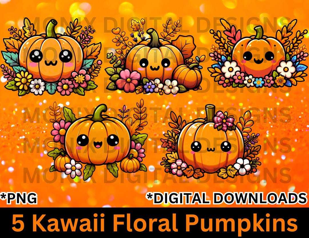 Kawaii Floral Cute Pumpkins, Halloween Pumpkins, Digital Download, PNG ...