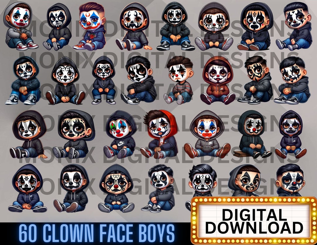 60 Clown Face Boys, Halloween Clown Clipart PNG, Printable, Digital ...