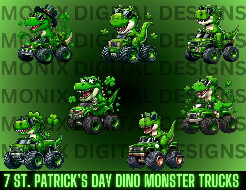 St. Patrick's Day T-rex Monster Truck Png, Clover Png, T-rex Dinosaur Png, Monster Truck Png, St ...
