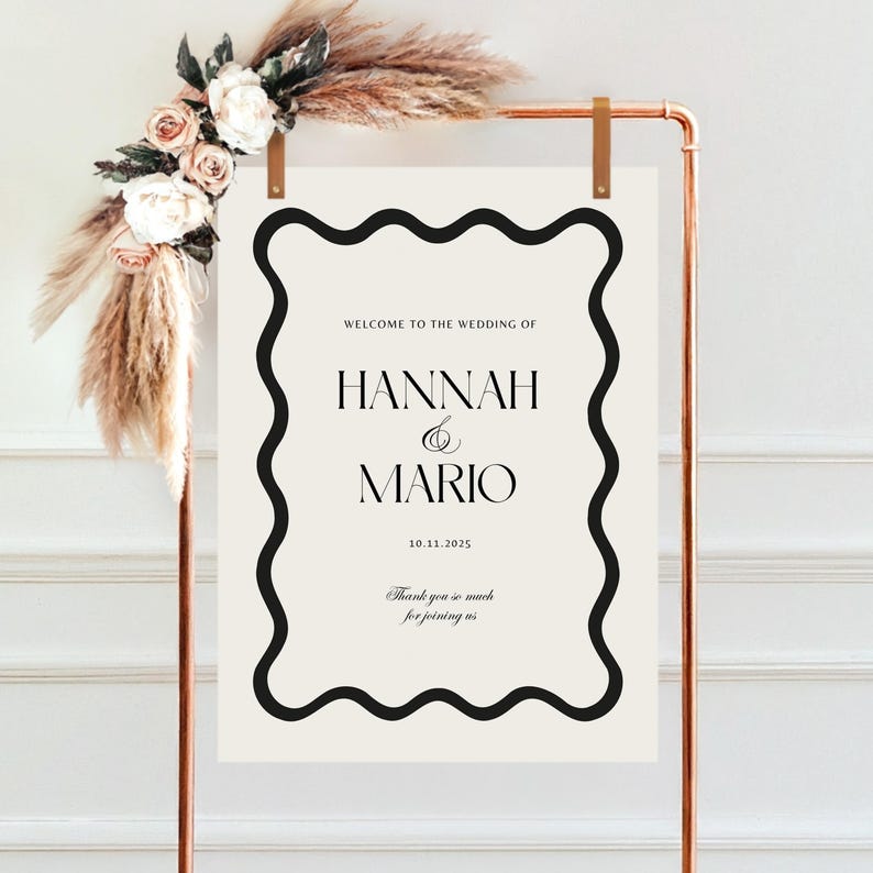 Editable Wedding Welcome Sign Easel Template, Wavy Scribble Style ...