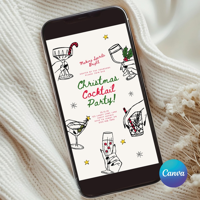 Christmas Cocktail Party Invitation Template, Whimsical Hand Drawn ...