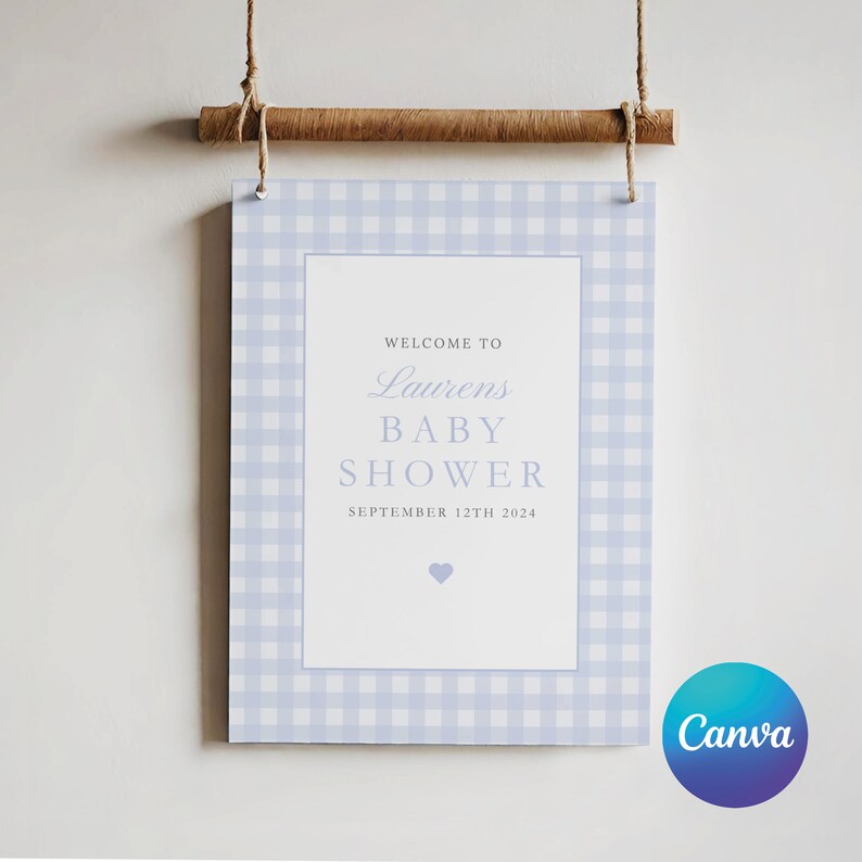 Blue Gingham Baby Shower Welcome Sign, Editable Template (digital ...