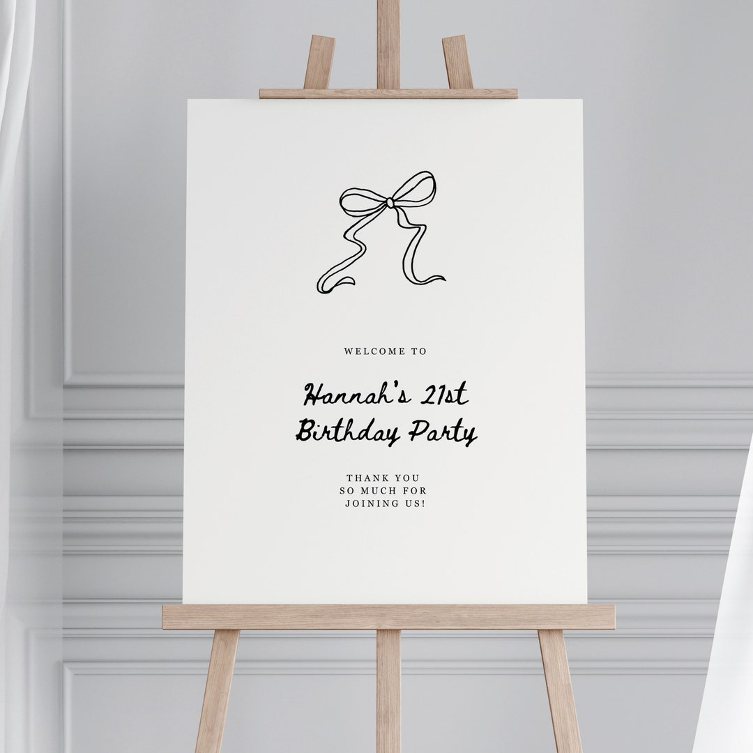 Editable Classy Birthday Party Welcome Sign, Hand Drawn Ribbon Bow ...
