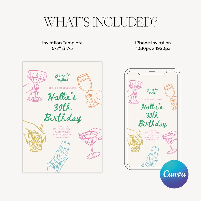 Editable Birthday Party Invitation, Hand Drawn Scribble Cocktail ...