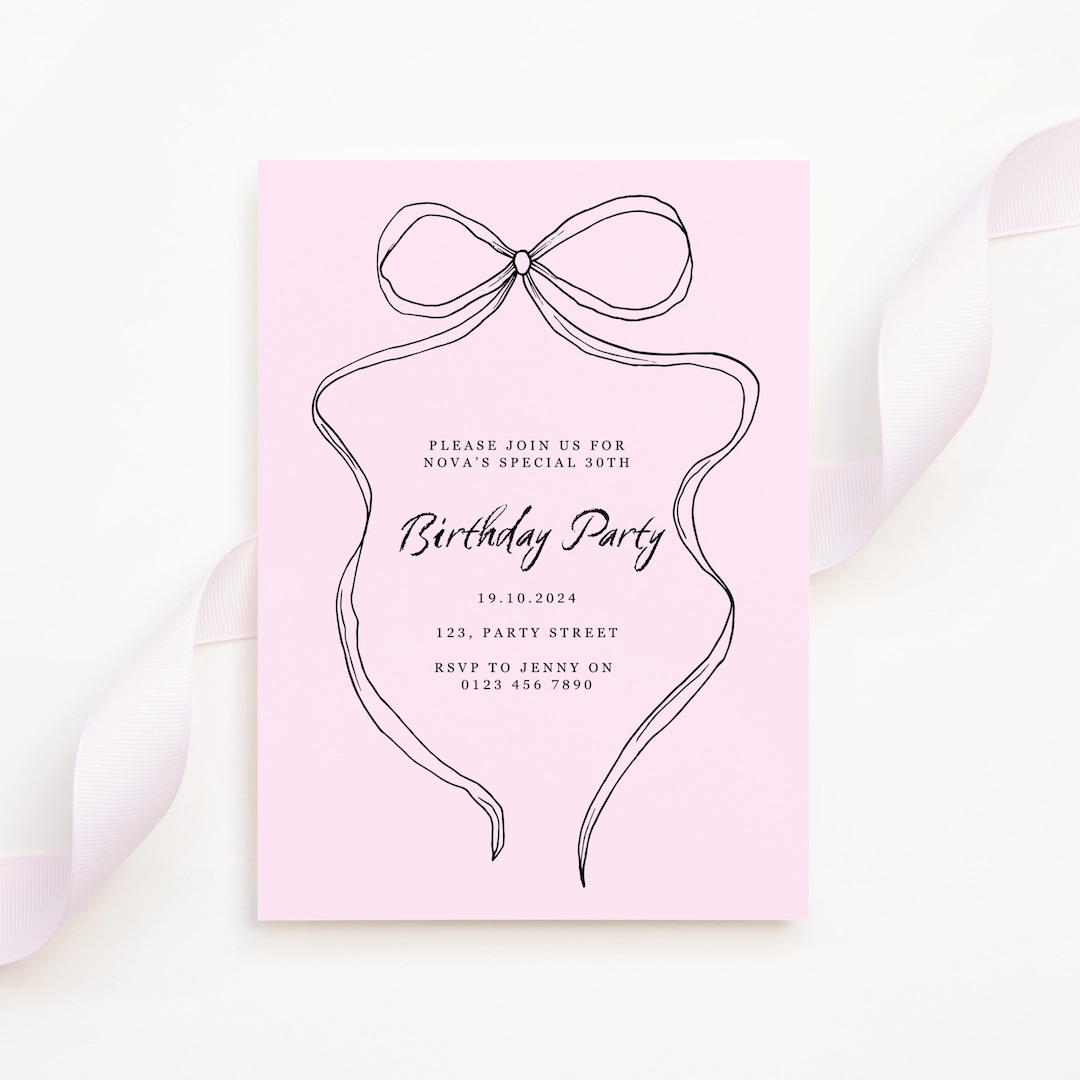 Editable Bow Birthday Party Invitation, Hand Drawn Ribbon Invitation ...