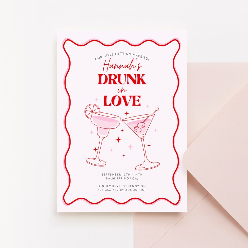 Drunk in Love Bachelorette Party Invite, Margarita and Martini Cocktail Invite, Groovy Pink Wavy ...