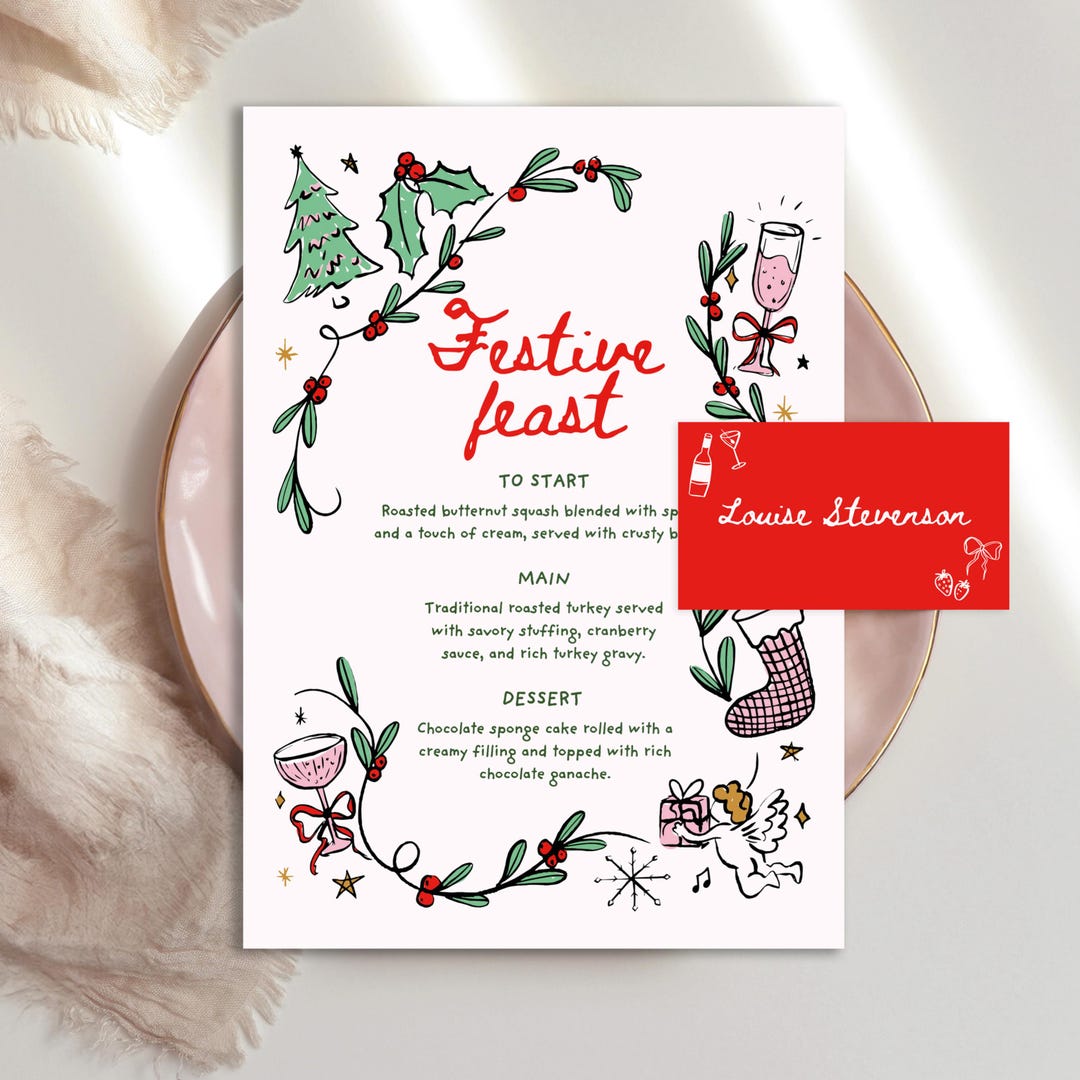 Christmas Dinner Menu and Place Card Template Hand Illustrated ...