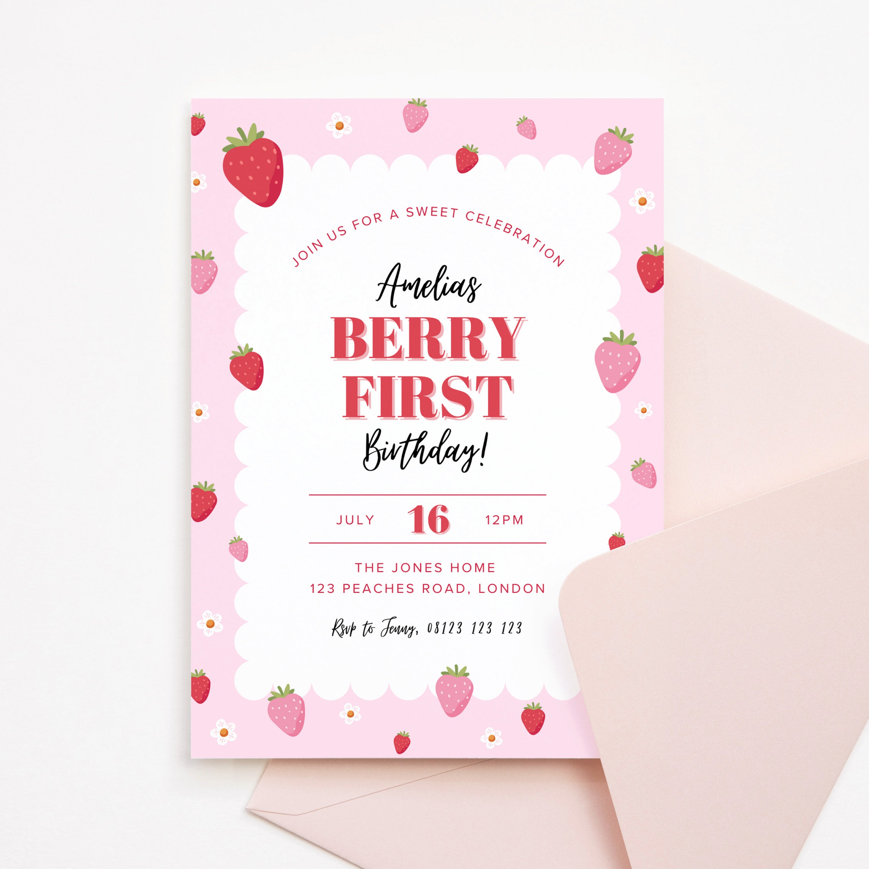 Berry First Birthday Invitation Template, Girls First Birthday, Pink ...