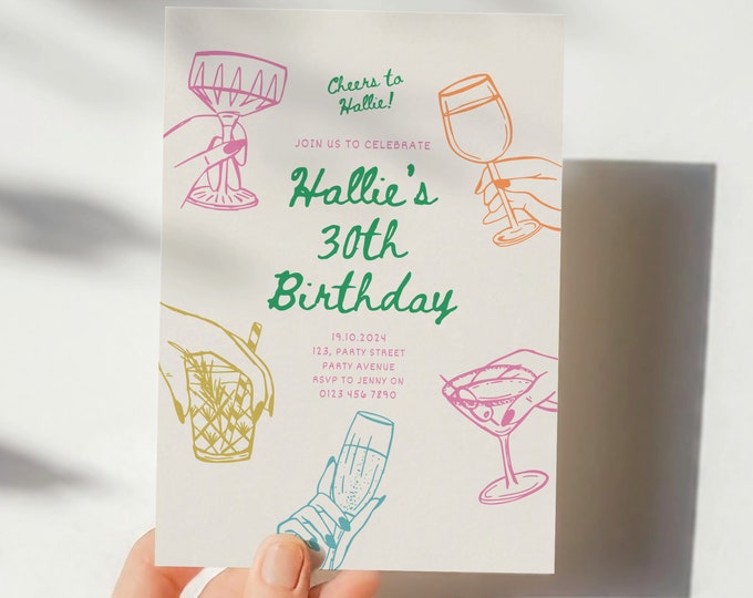 Editable Birthday Party Invitation, Hand Drawn Scribble Cocktail ...
