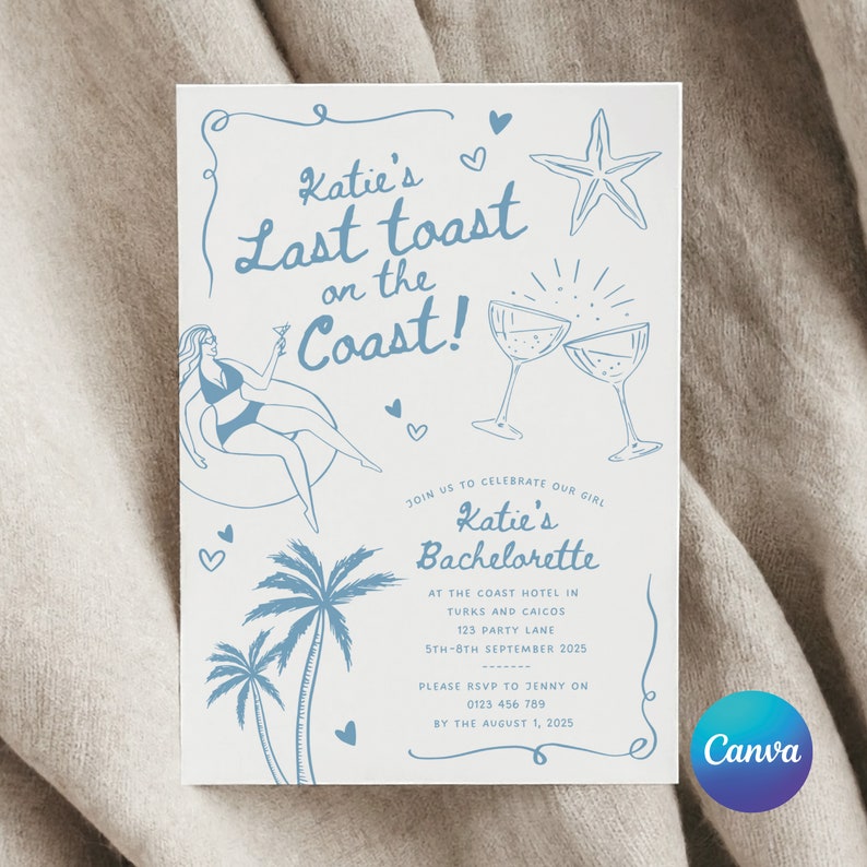 Last Toast on the Coast Bachelorette Invite, Editable Hen Party Invite ...