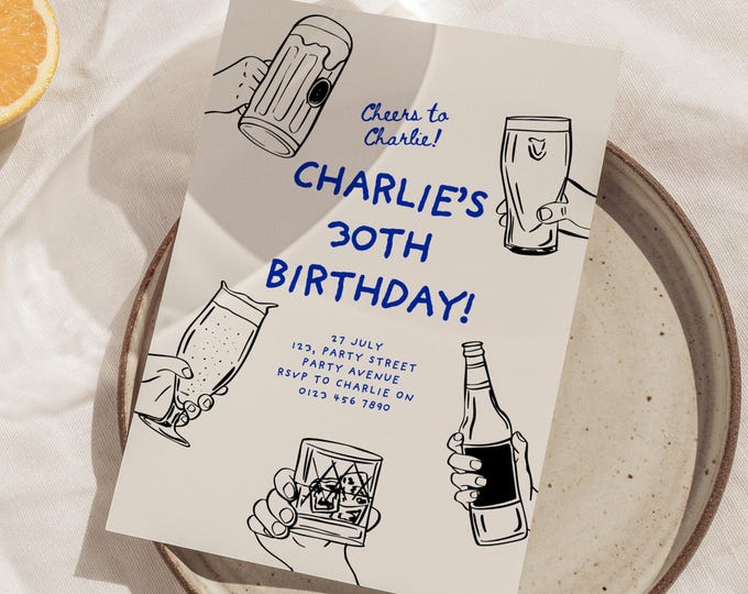 Editable Birthday Party Invite for Him, Male Birthday Hand Drawn Beer ...