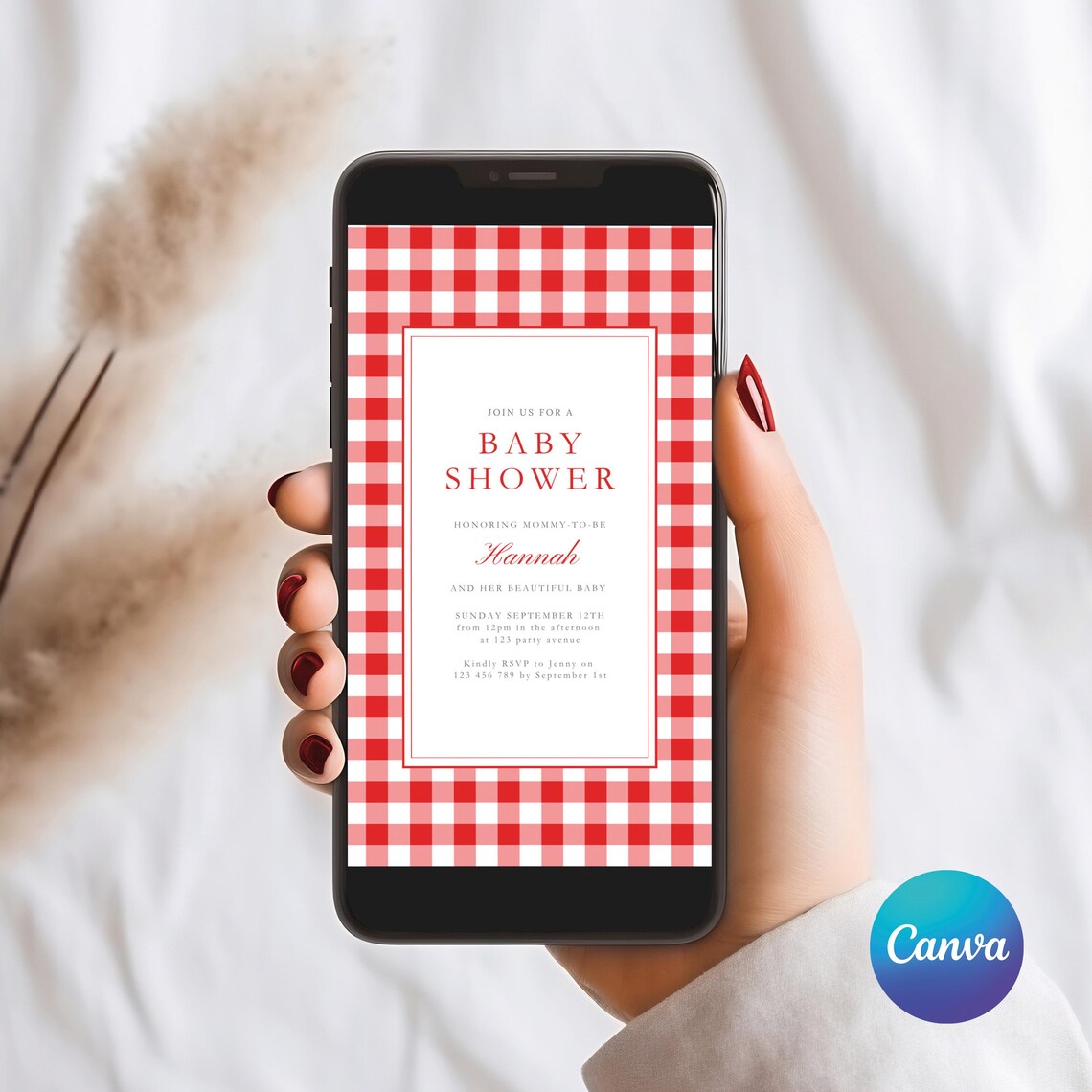 Red Gingham Baby Shower Invitation, Editable Canva Template, Party ...