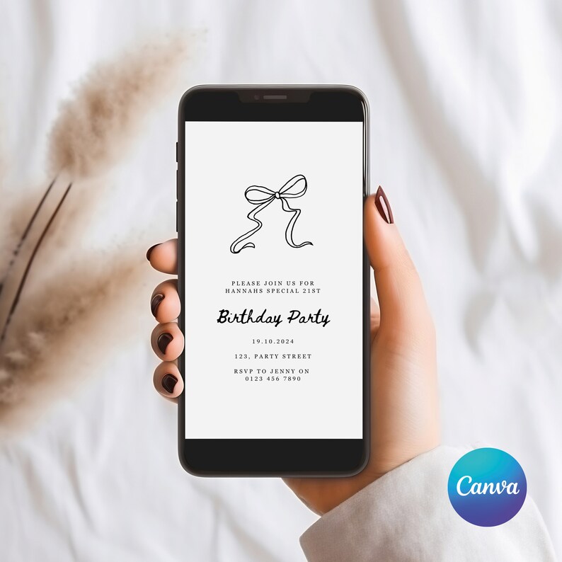 Editable Classy Birthday Party Invitation, Hand Drawn Ribbon Bow ...