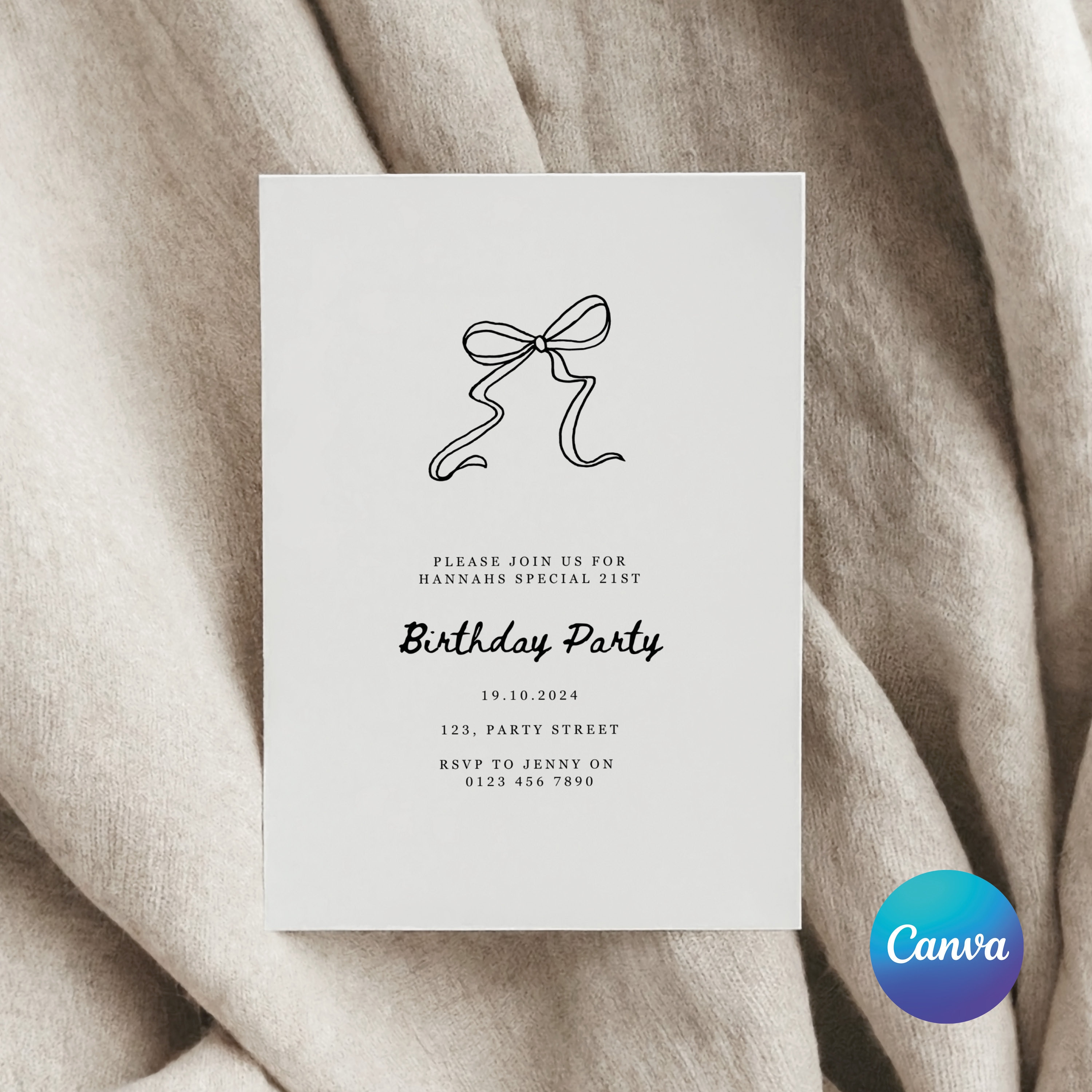 Editable Classy Birthday Party Invitation, Hand Drawn Ribbon Bow ...