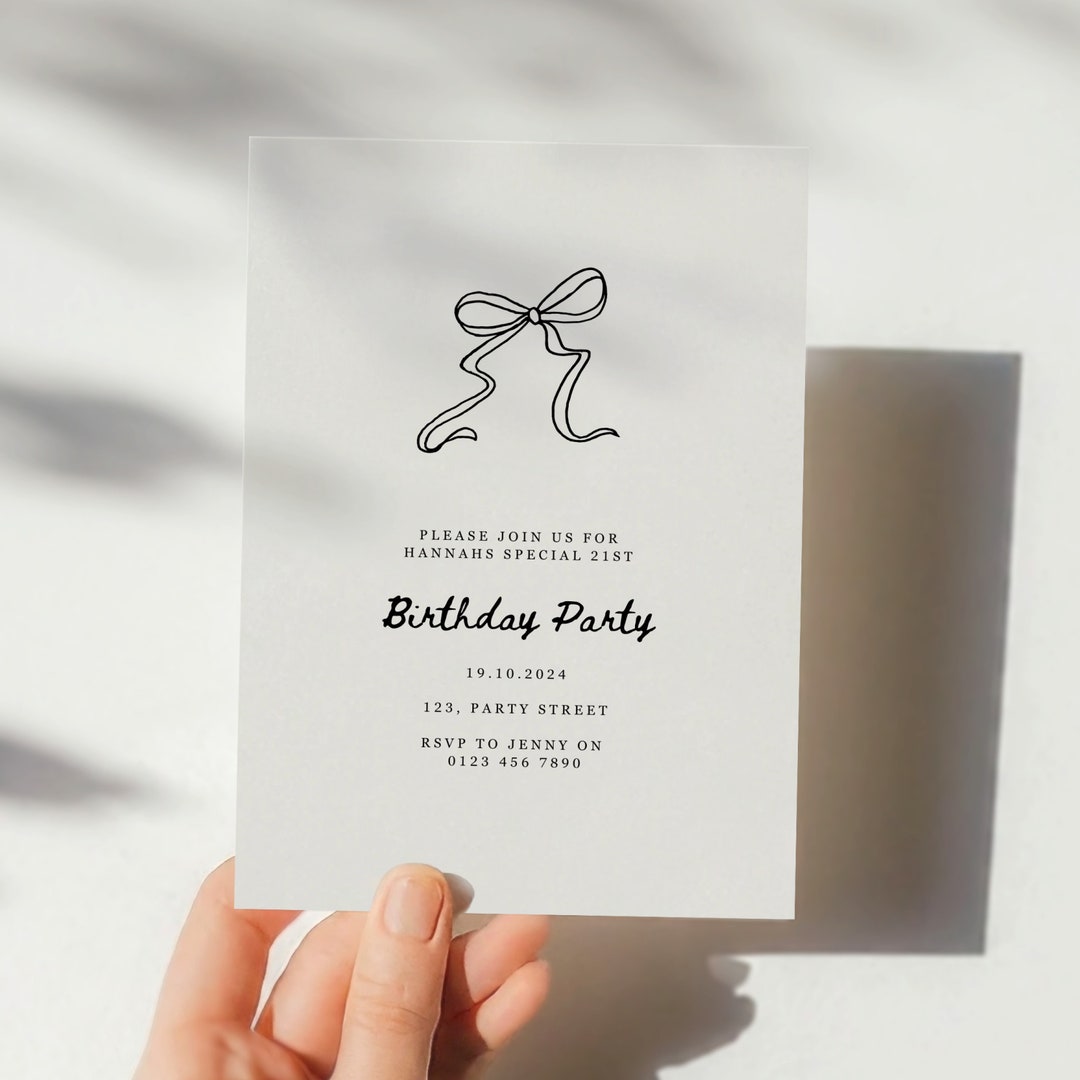 Editable Classy Birthday Party Invitation, Hand Drawn Ribbon Bow ...