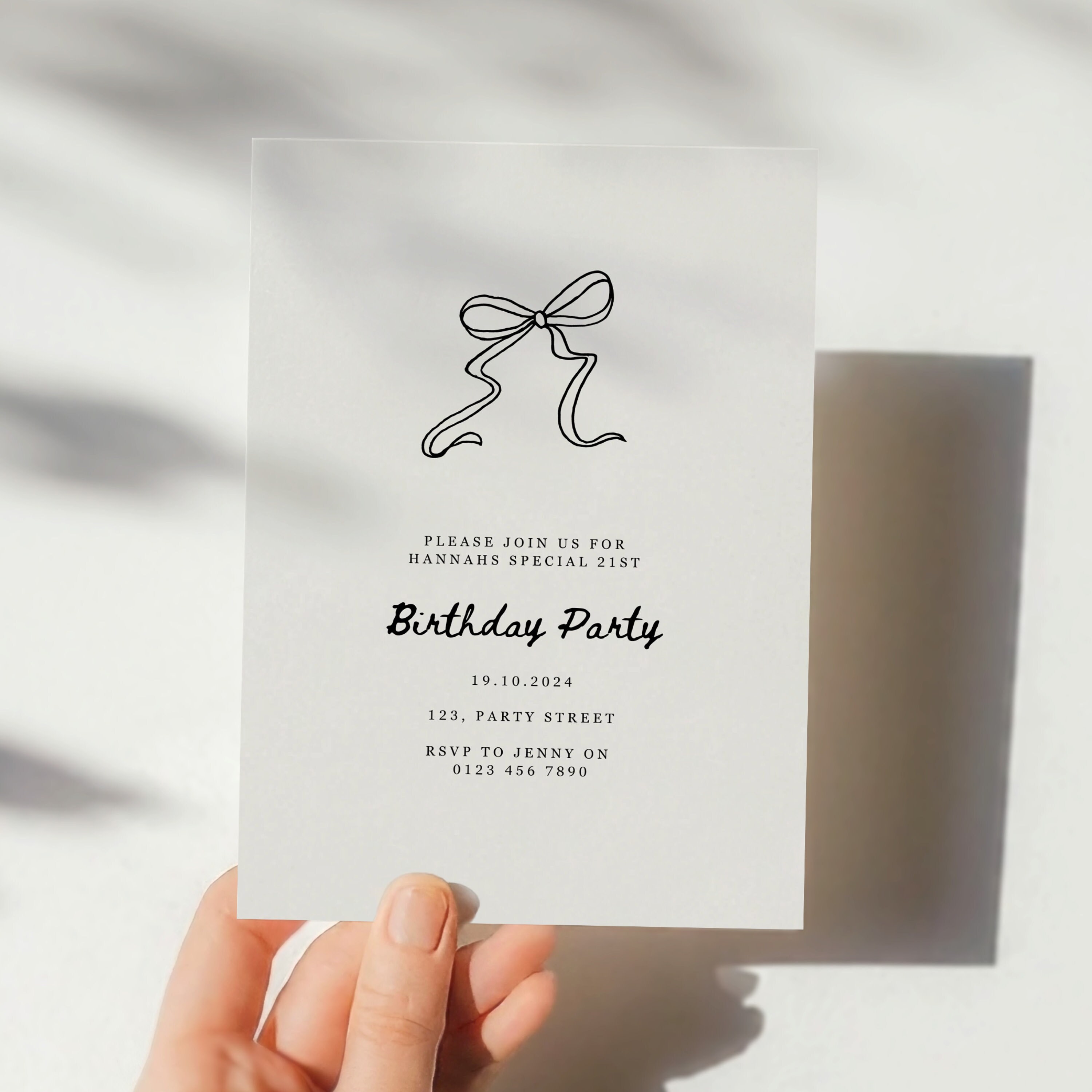 Editable Classy Birthday Party Invitation, Hand Drawn Ribbon Bow ...