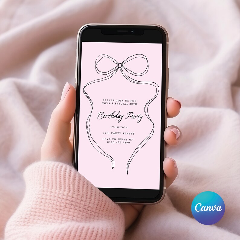 Editable Bow Birthday Party Invitation, Hand Drawn Ribbon Invitation ...