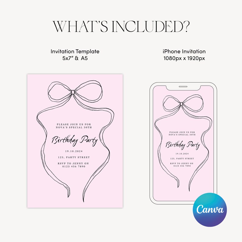 Editable Bow Birthday Party Invitation, Hand Drawn Ribbon Invitation ...