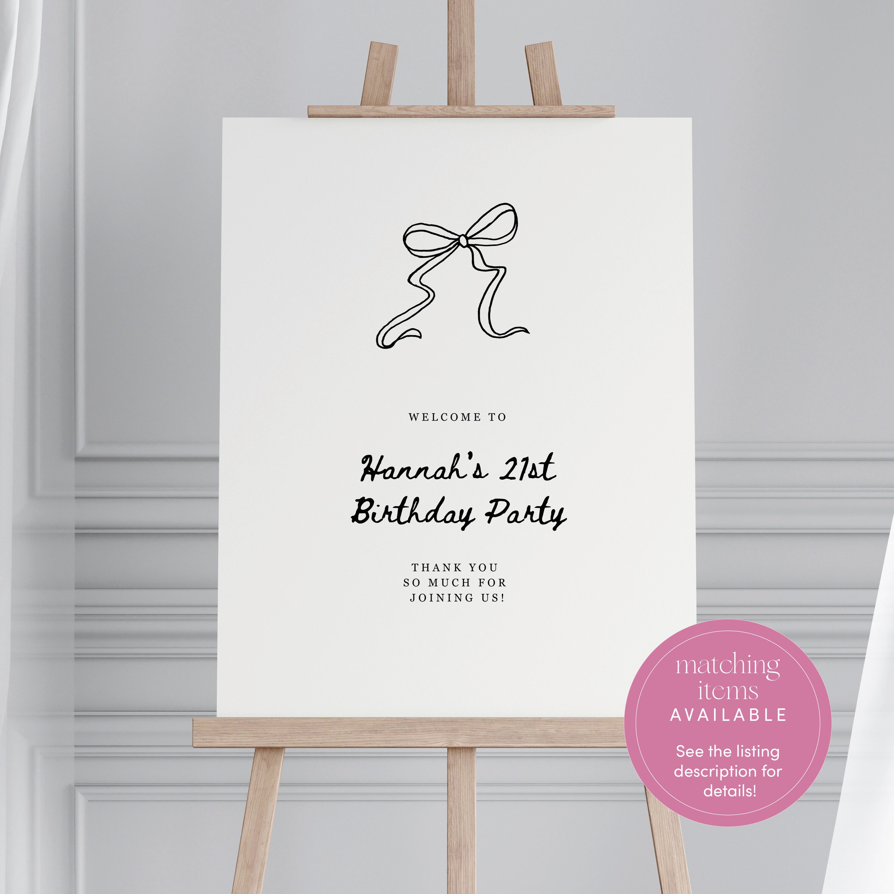 Editable Classy Birthday Party Invitation, Hand Drawn Ribbon Bow ...