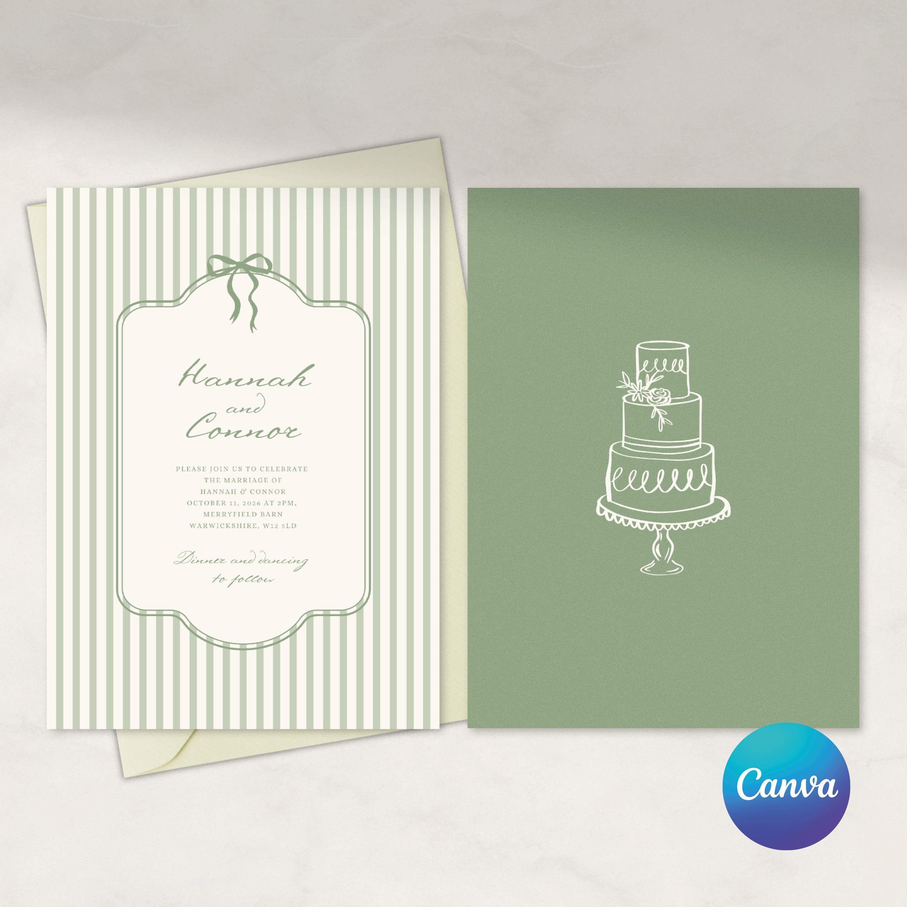 Stripe Green Wedding Invitation Suite, Editable Elegant Whimsical Hand ...