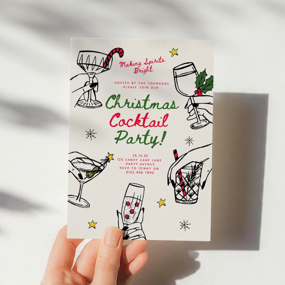 Christmas Cocktail Party Invitation Template, Whimsical Hand Drawn ...